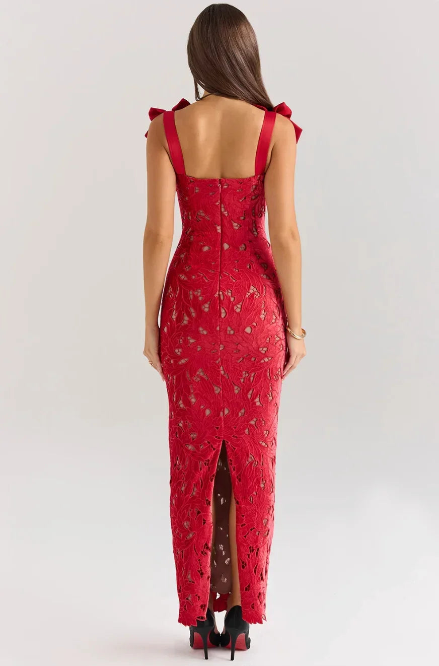 Women's fitted sleeveless lace maxi dress with bow straps – Bahnhof ...